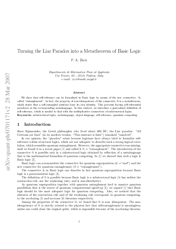 (PDF) Turning the Liar paradox into a metatheorem of Basic logic