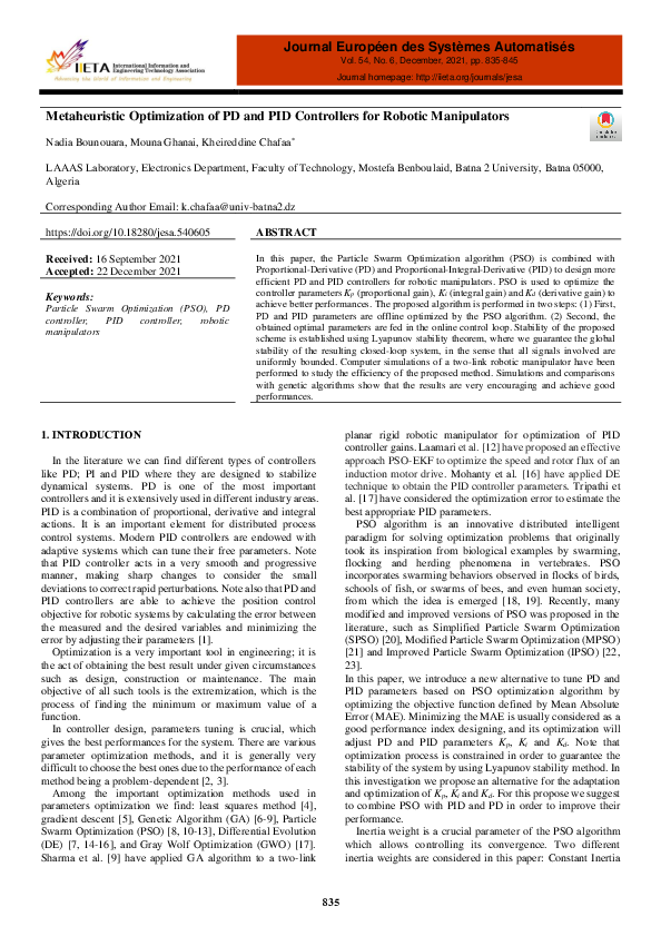 (PDF) Metaheuristic Optimization of PD and PID Controllers for Robotic Manipulators