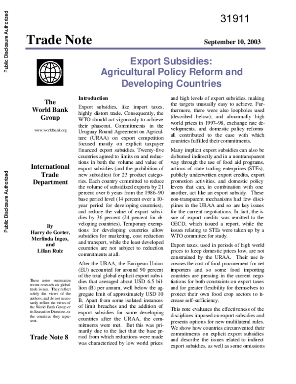 (PDF) Export subsidies: Agricultural policy reform and developing countries