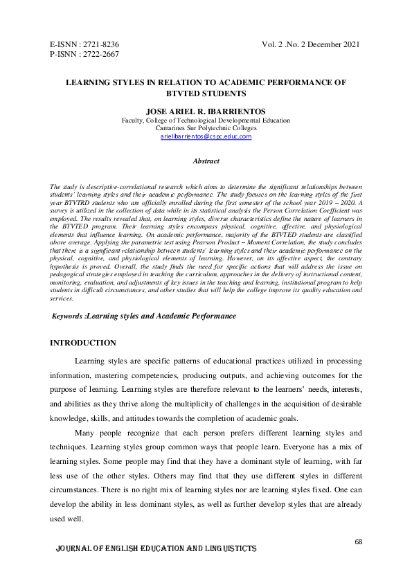 (PDF) Learning Styles in Relation to Academic Performance of Btvted ...