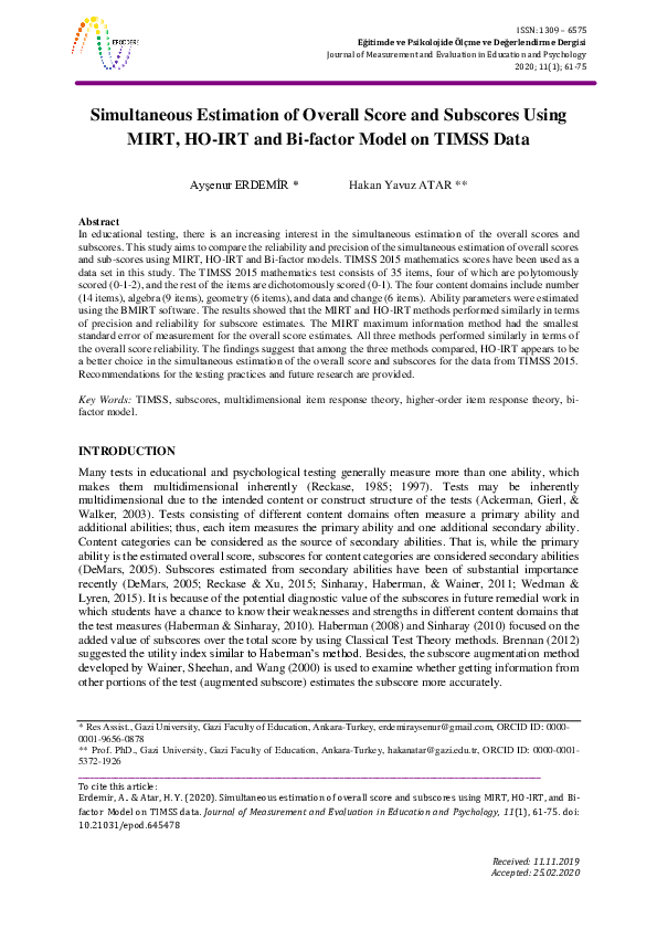 (PDF) Simultaneous Estimation of Overall Score and Subscores Using MIRT, HO-IRT and Bi-factor ...
