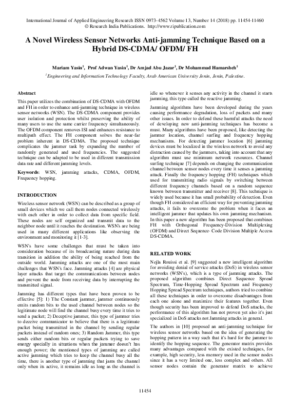 (PDF) A Novel Wireless Sensor Networks Anti-jamming Technique Based on a Hybrid DS-CDMA / OFDM / FH