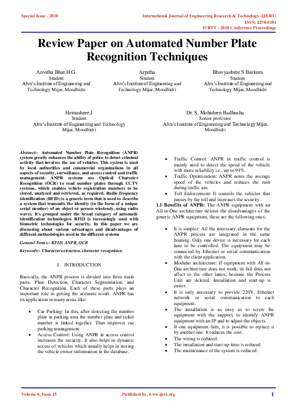 (PDF) Review Paper on Automated Number Plate Recognition Techniques