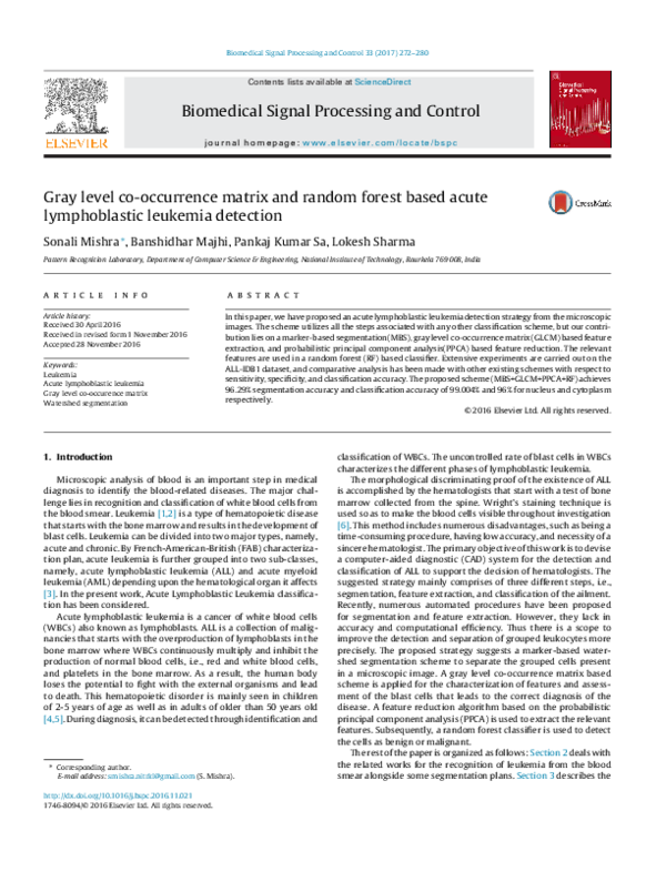 (PDF) Gray level co-occurrence matrix and random forest based acute lymphoblastic leukemia detection