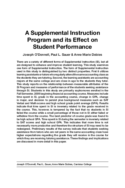 (PDF) A Supplemental Instruction Program and its Effect on Student Performance