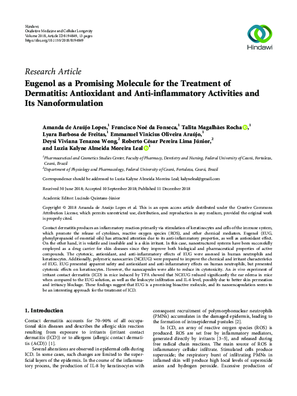 (PDF) Eugenol as a Promising Molecule for the Treatment of Dermatitis: Antioxidant and Anti ...