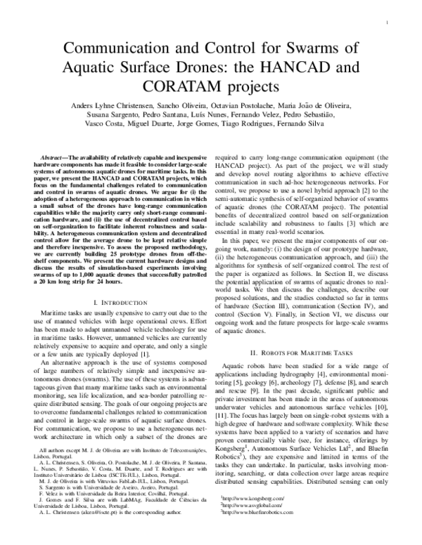 (PDF) Communication and Control for Swarms of Aquatic Surface Drones: the HANCAD and CORATAM ...