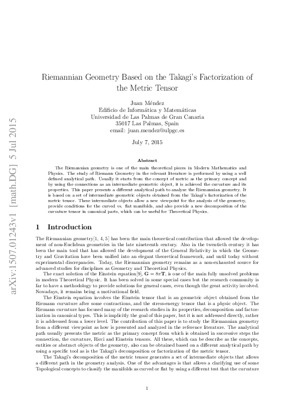 (PDF) Riemannian Geometry Based on the Takagi's Factorization of the Metric Tensor | juan ...