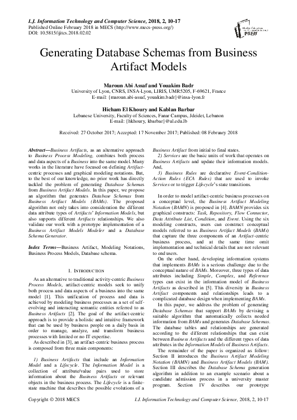 (PDF) Generating DB Schemas from Artifact Models (PDF) Generating DB Schemas from Artifact Models