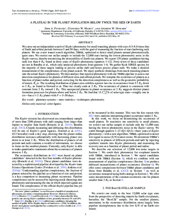 (PDF) A Plateau in the Planet Population Below Twice the Size of Earth