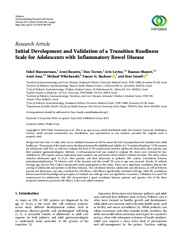 (PDF) Initial Development and Validation of a Transition Readiness Scale for Adolescents with ...
