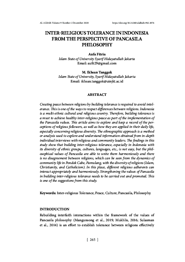 Pdf Inter Religious Tolerance In Indonesia From The Perspective Of Pancasila Philosophy