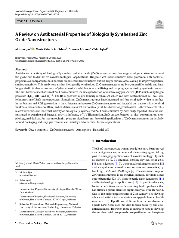 (PDF) A Review on Antibacterial Properties of Biologically Synthesized Zinc Oxide Nanostructures
