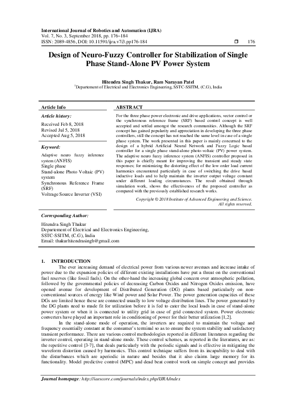 (PDF) Design of Neuro-Fuzzy Controller for Stabilization of Single Phase Stand-Alone PV Power System