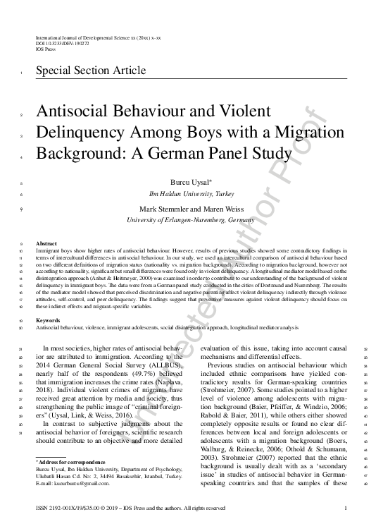 (PDF) Antisocial Behaviour and Violent Delinquency Among Boys with a ...