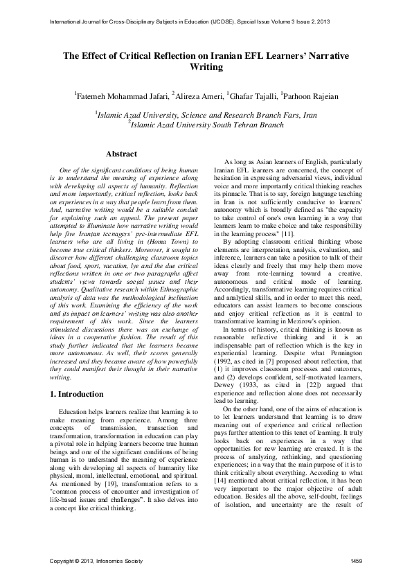 (PDF) The Effect of Critical Reflection on Iranian EFL Learners’ Narrative Writing | Alireza ...