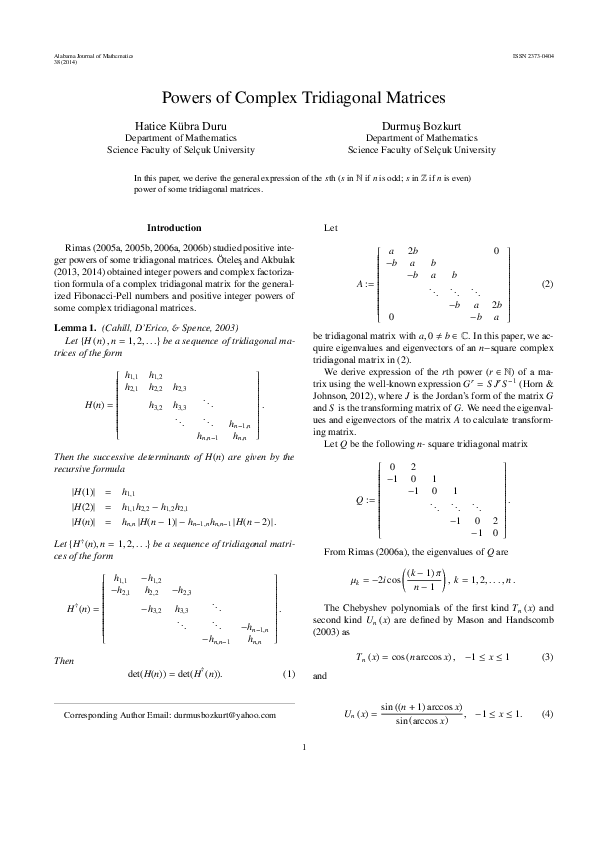 (PDF) Powers of Complex Tridiagonal Matrices