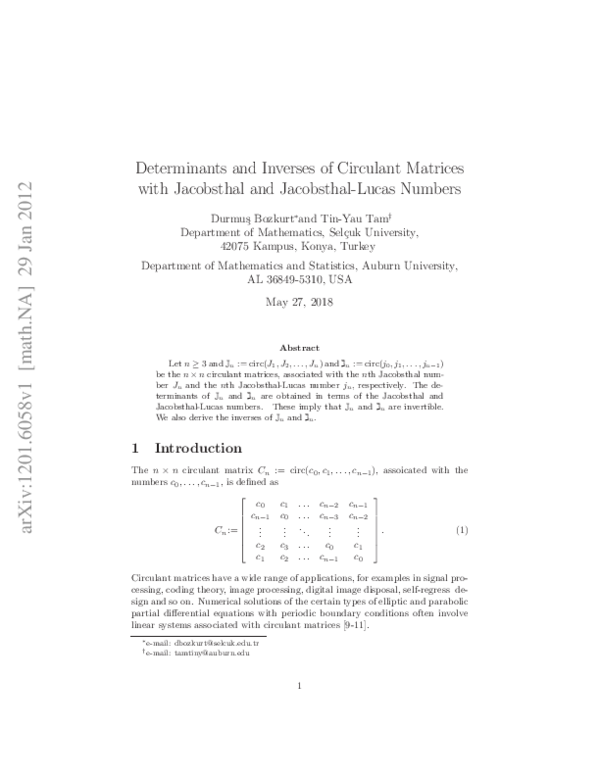 Pdf Determinants And Inverses Of Circulant Matrices With Jacobsthal And Jacobsthal Lucas