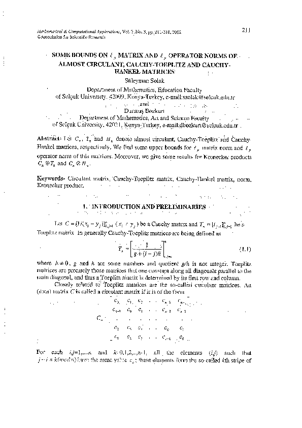 Pdf Some Bounds On Ellp Matrix And Ellp Operator Norms Of Almost Circulant Cauchy 6997