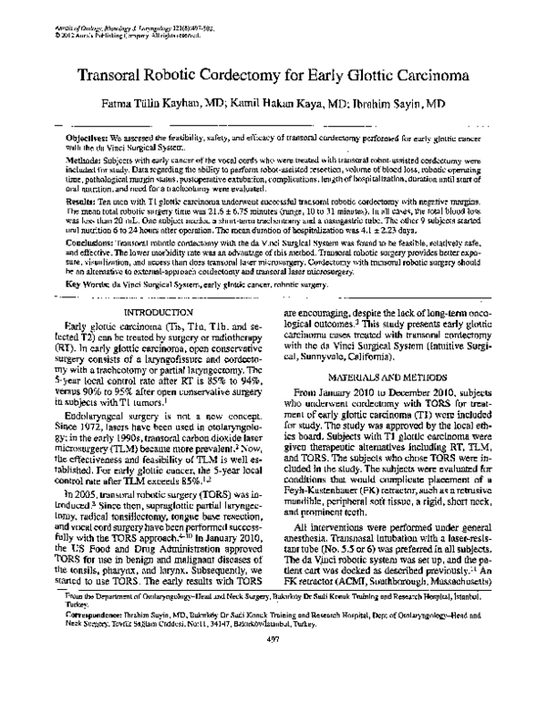 (PDF) Transoral Robotic Cordectomy for Early Glottic Carcinoma