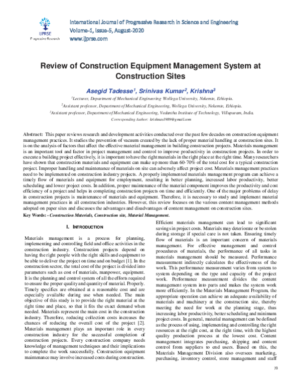 (PDF) Review of Construction Equipment Management System at ...