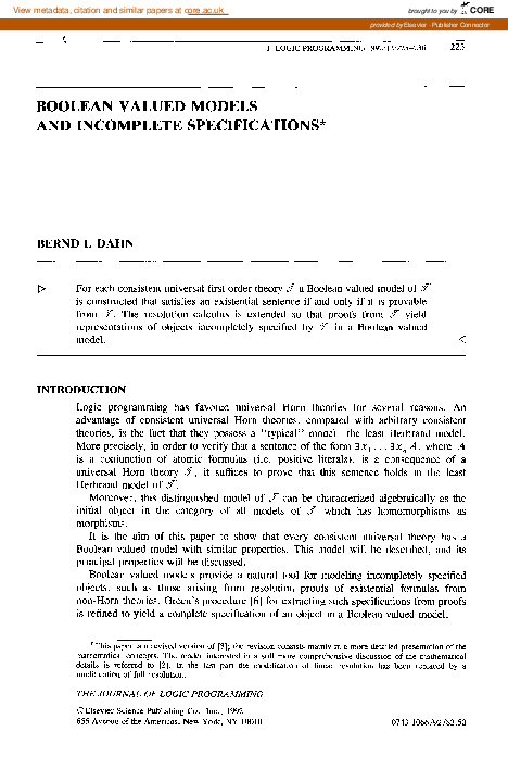(PDF) Boolean valued models and incomplete specifications