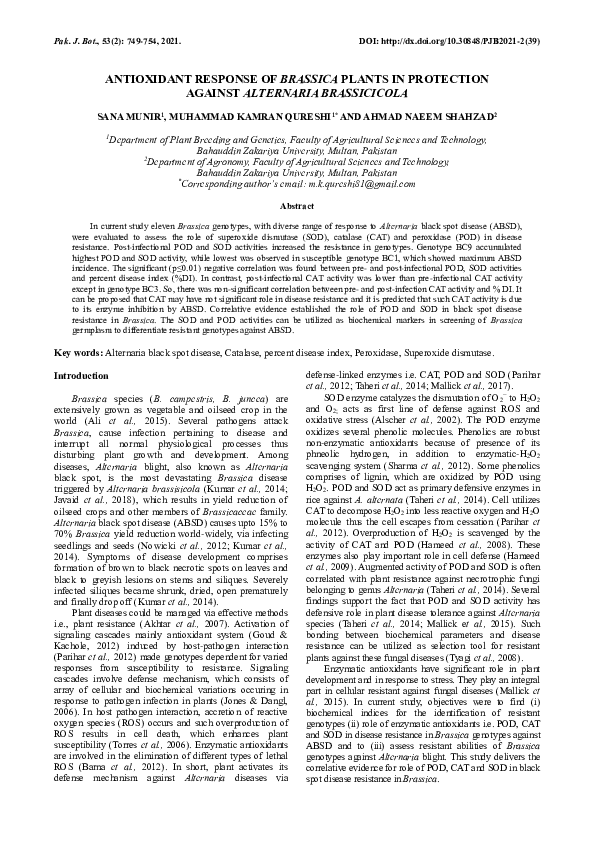 (PDF) Antioxidant response of brassica plants in protection against Alternaria brassicicola ...