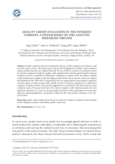 (PDF) Quality Credit Evaluation in the Internet Company: A System Based on the Analytic ...