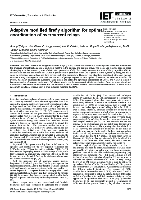 (PDF) Adaptive modified firefly algorithm for optimal coordination of overcurrent relays