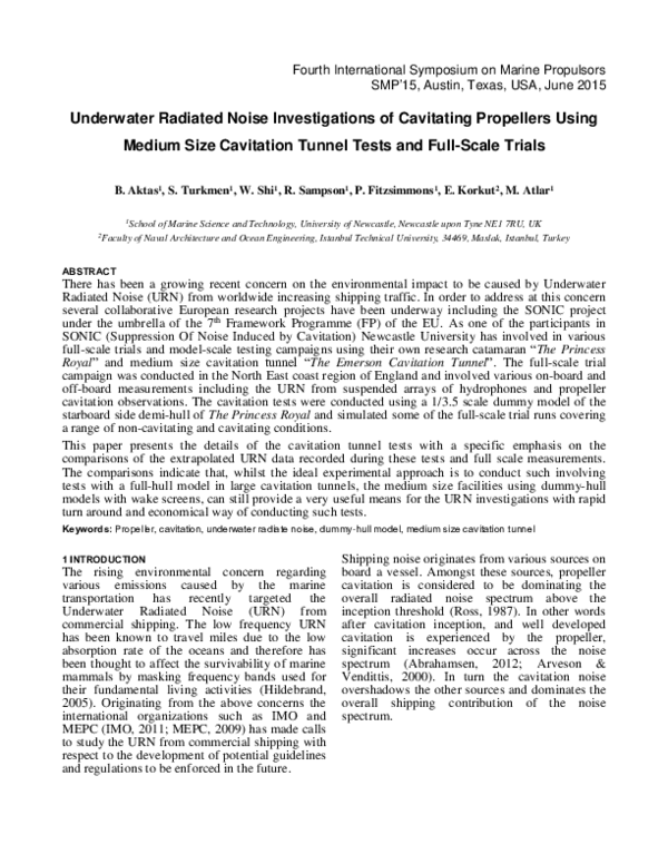 (PDF) Underwater Radiated Noise Investigations of Cavitating Propellers Using Medium Size ...