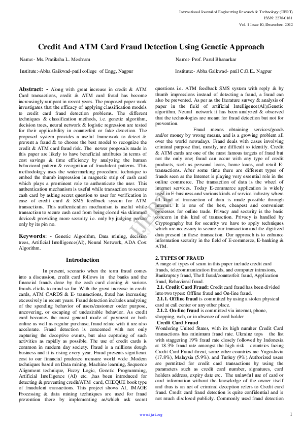 (PDF) Credit And ATM Card Fraud Detection Using Genetic Approach