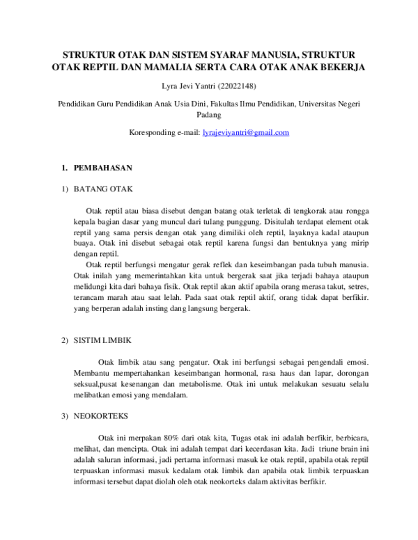 (PDF) STRUKTUR OTAK DAN SISTEM SYARAF MANUSIA, STRUKTUR OTAK REPTIL DAN ...
