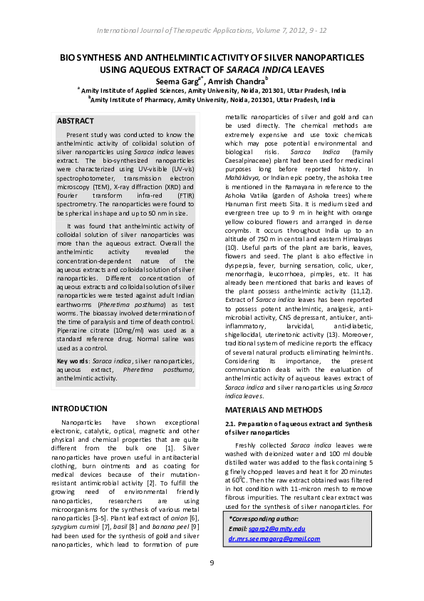 (PDF) Bio Synthesis and Anthelmintic Activity of Silver Nanoparticles Using Aqueous Extract of ...