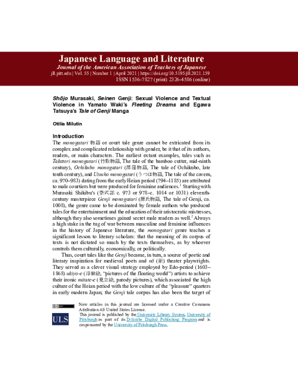 (PDF) Shōjo Murasaki, Seinen Genji: Sexual Violence and Textual Violence in Yamato Waki’s ...