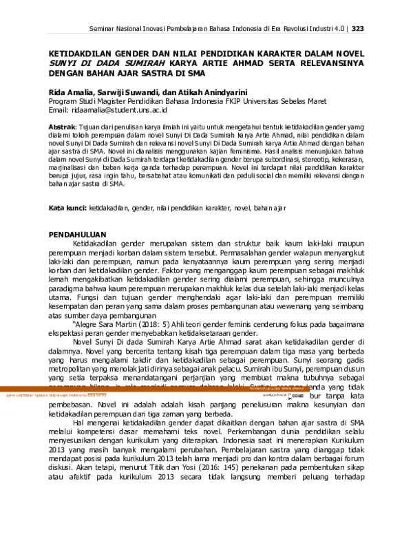 (PDF) Ketidakdilan Gender Dan Nilai Pendidikan Karakter Dalam Novel Sunyi DI Dada Sumirah Karya ...