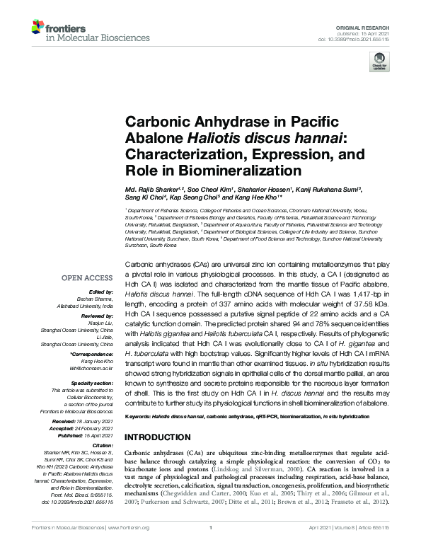 (PDF) Carbonic Anhydrase in Pacific Abalone Haliotis discus hannai ...