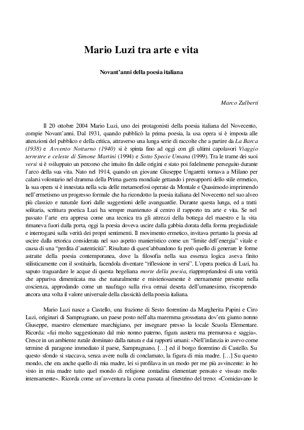 (PDF) Mario Luzi tra arte e vita | Marco Zulberti - Academia.edu