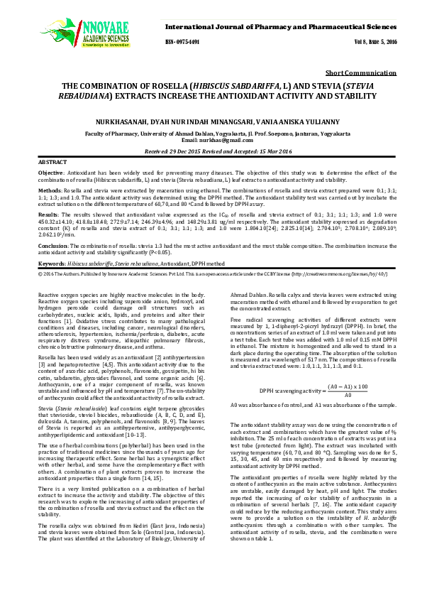 (PDF) The Combination of Rosella (Hibiscus Sabdariffa, L) and Stevia (Stevia Rebaudiana ...