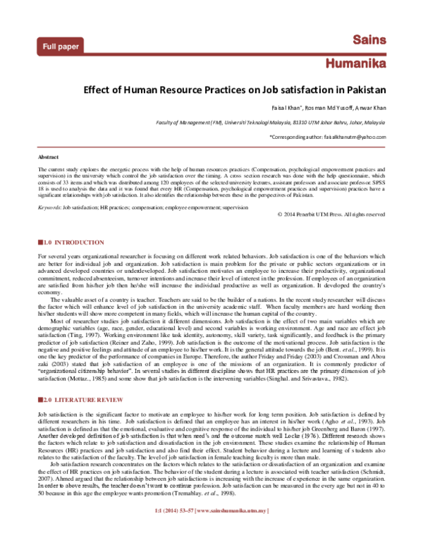 Pdf Effect Of Human Resource Practices On Job Satisfaction In Pakistan