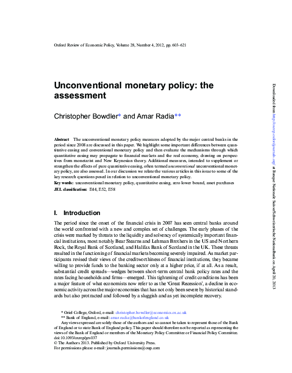 (PDF) Unconventional monetary policy: the assessment