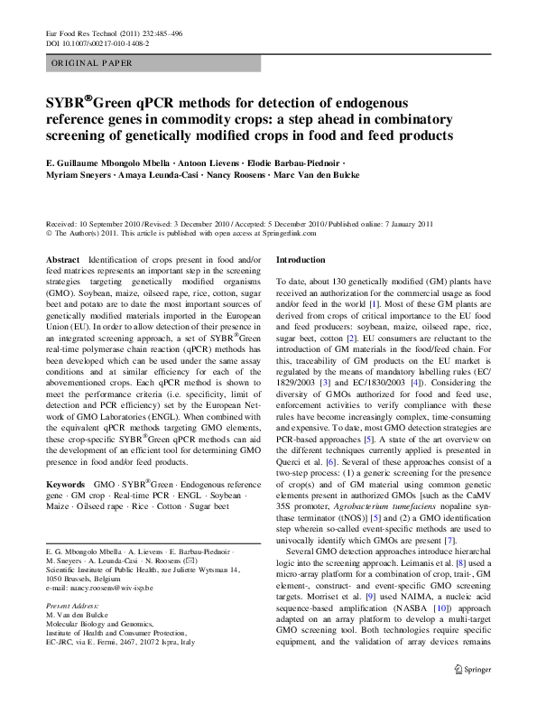 (PDF) SYBR®Green qPCR methods for detection of endogenous reference genes in commodity crops: a ...