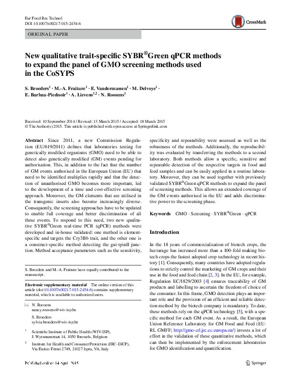 (PDF) New qualitative trait-specific SYBR®Green qPCR methods to expand the panel of GMO ...