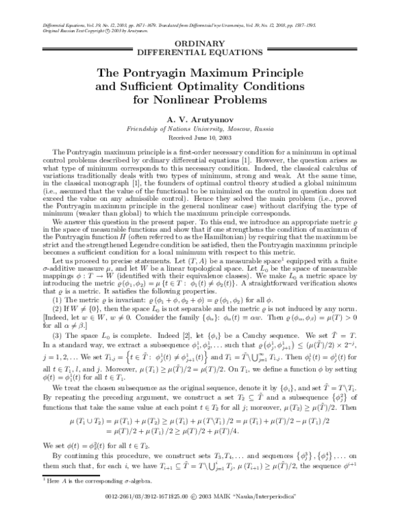 (PDF) The Pontryagin Maximum Principle and Sufficient Optimality Conditions for Nonlinear Problems