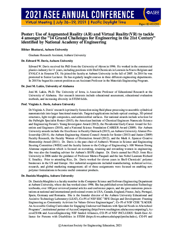 (PDF) Poster: Use of Augmented Reality (AR) and Virtual Reality(VR) to tackle 4 amongst the “14 ...