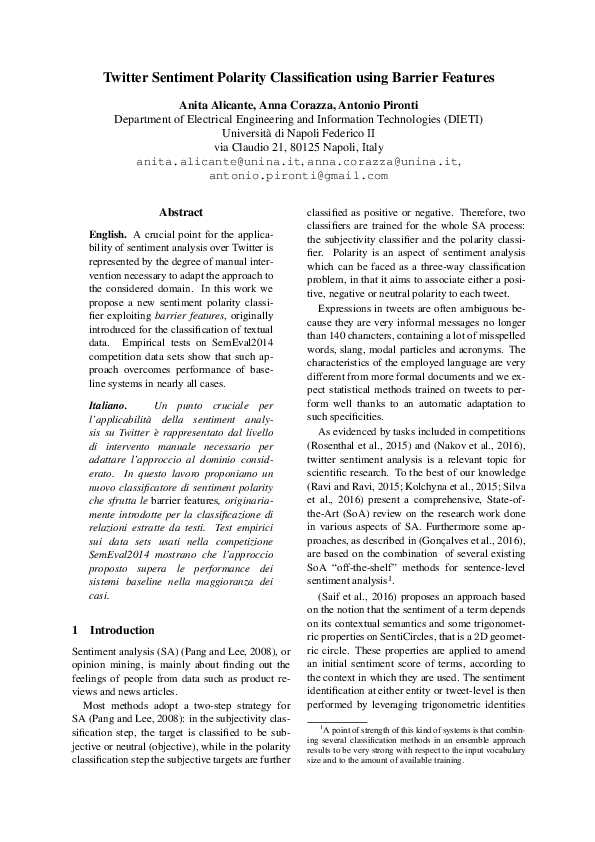 (PDF) Twitter Sentiment Polarity Classification using Barrier Features