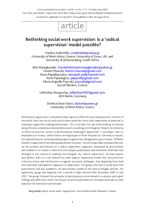 (PDF) Rethinking social work supervision: is a 'radical supervision' model possible