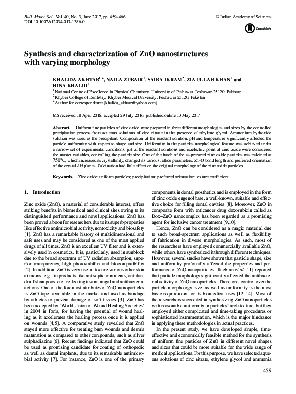 Pdf Synthesis And Characterization Of Zno Nanostructures With Varying Morphology