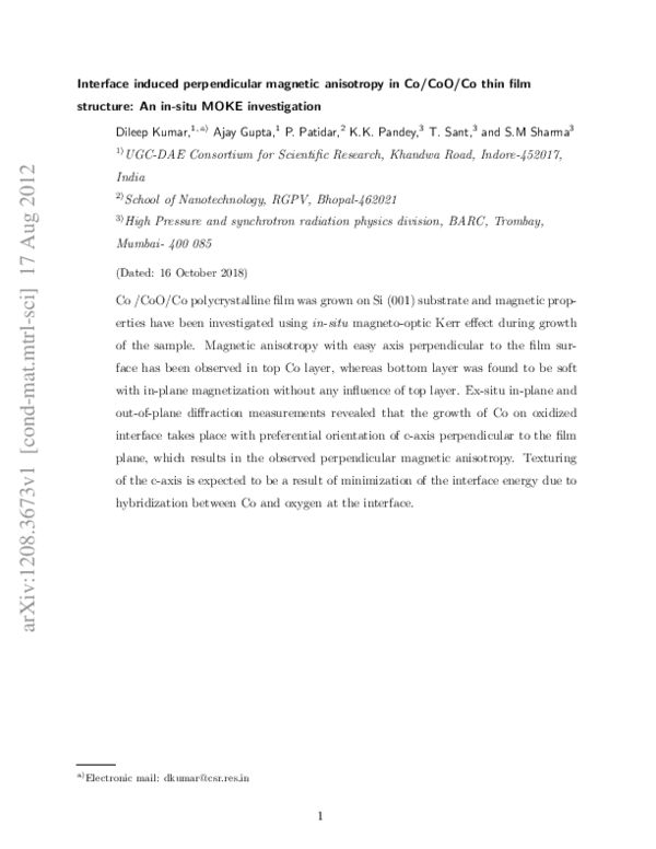 Pdf Interface Induced Perpendicular Magnetic Anisotropy In A Co Coo Co Thin Film Structure An