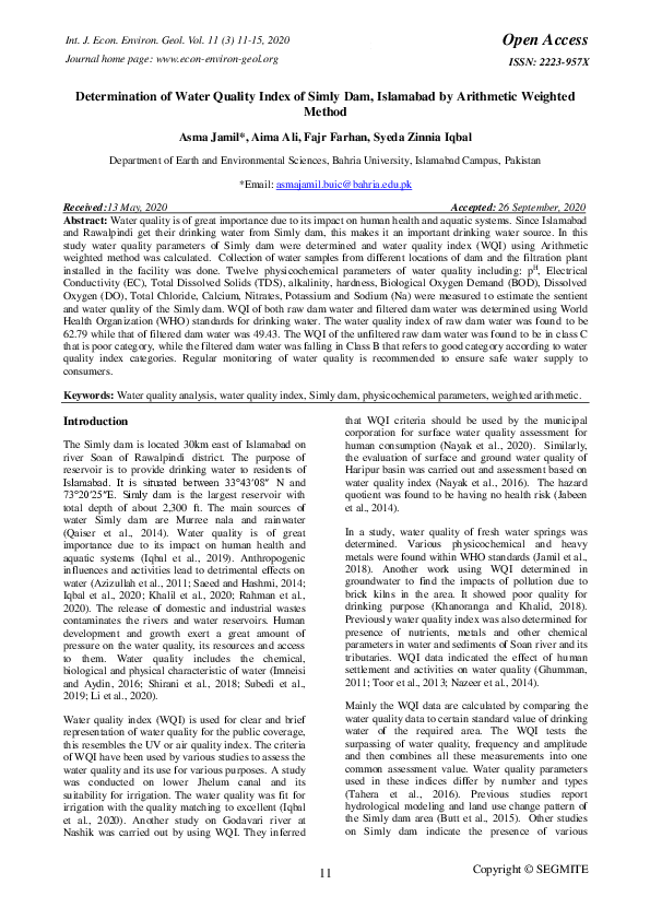(PDF) Determination of Water Quality Index of Simly Dam, Islamabad by Arithmetic Weighted Method ...