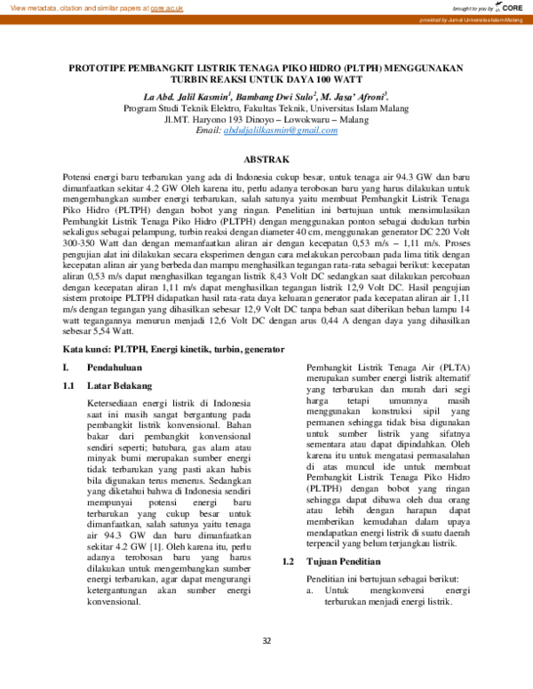 (PDF) Prototipe Pembangkit Listrik Tenaga Piko Hidro (PLTPH) Menggunakan Turbin Reaksi Untuk ...
